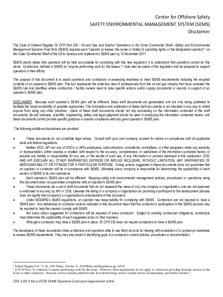 Fillable Online SAFETY AND ENVIRONMENTAL MANAGEMENT SYSTEM (SEMS ...