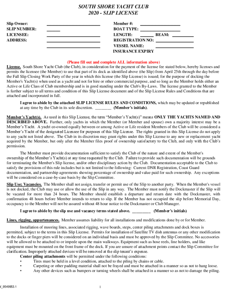 Fillable Online South Shore Yacht Club Slip License Rules and ...
