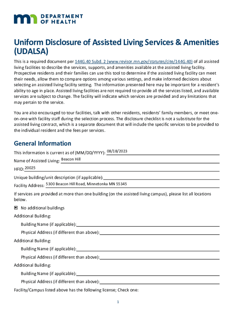 Fillable Online Uniform Disclosure of Assisted Living Services ...