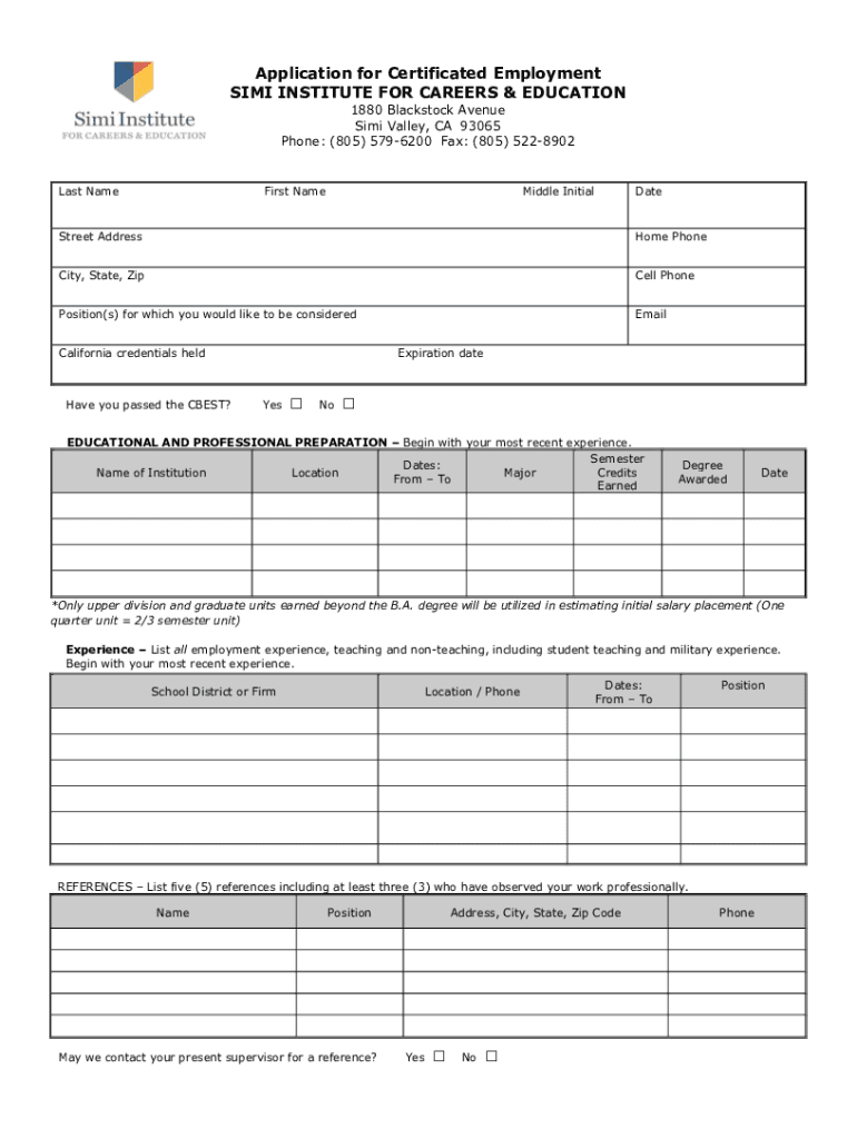 Fillable Online Simi Institute for Careers and Education - School ...