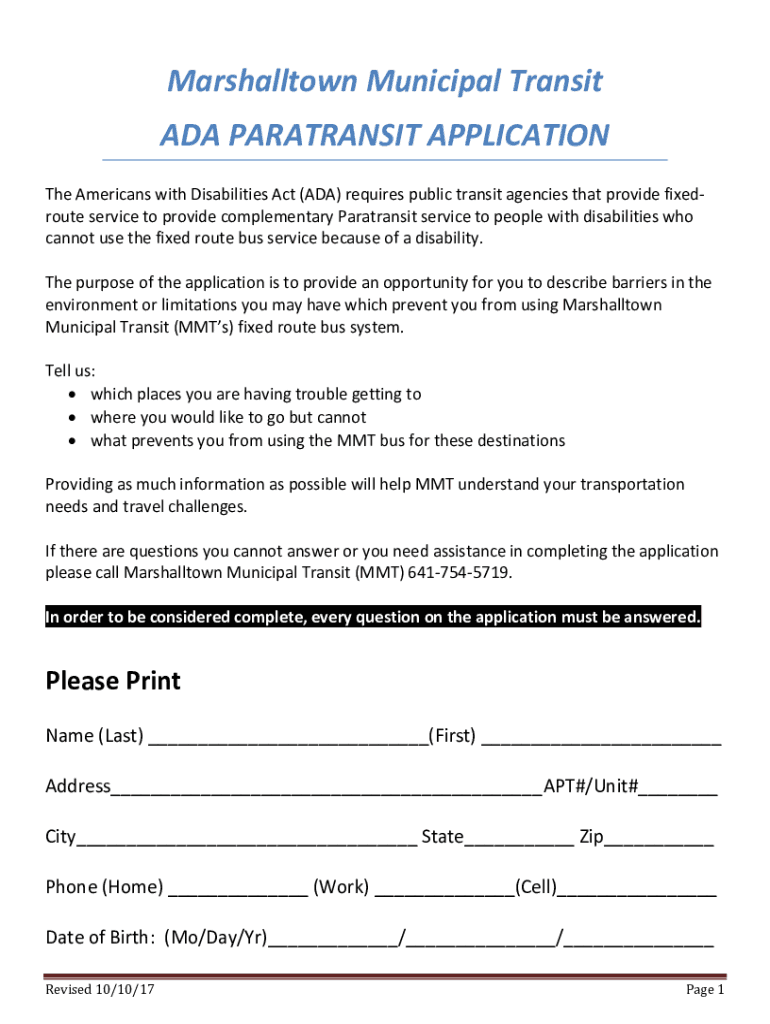 Fillable Online Marshalltown Municipal Transit ADA PARATRANSIT ...