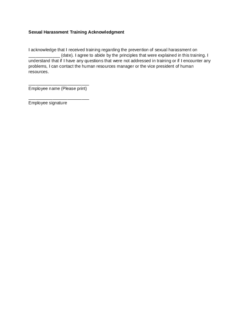 Employee acknowledgement : sexual harassment training Doc Template ...
