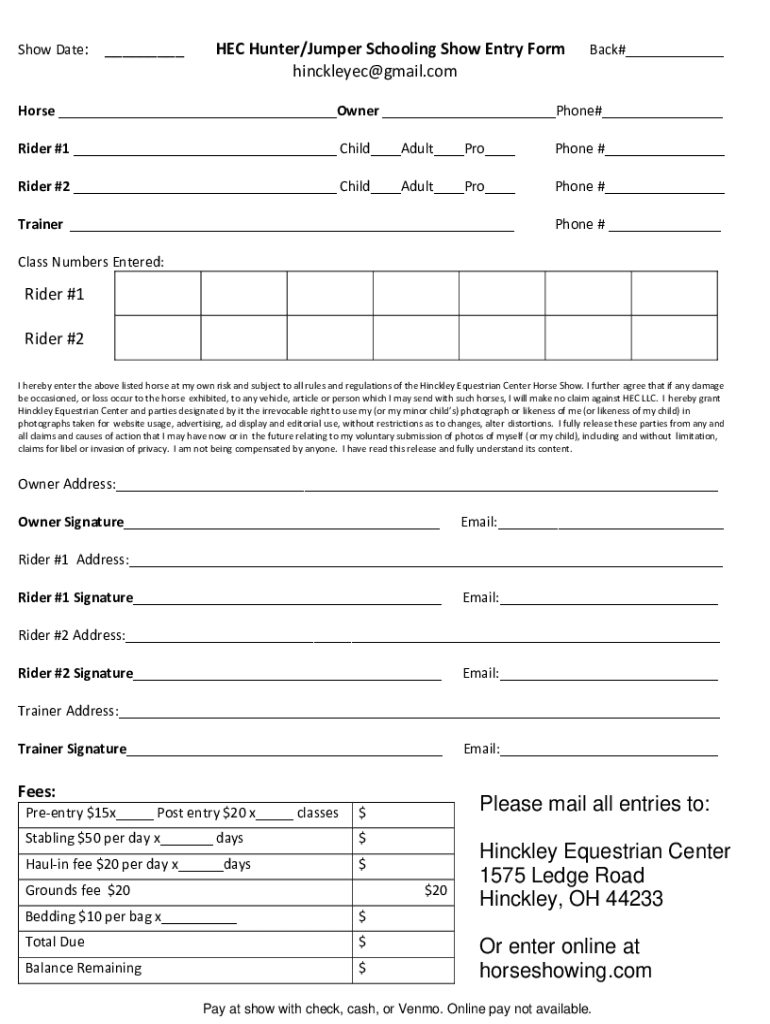 Fillable Online HEC Hunter Schooling Show Entry Form (330) Fax Email ...