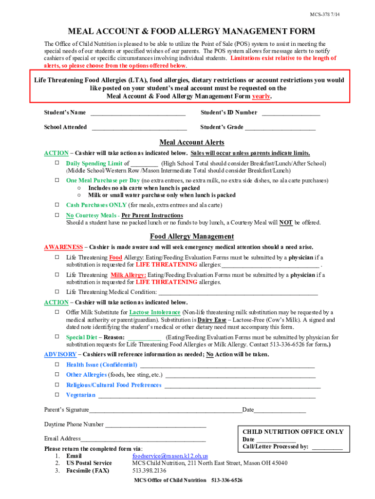 Fillable Online MEAL ACCOUNT & FOOD ALLERGY MANAGEMENT FORM Fax Email ...