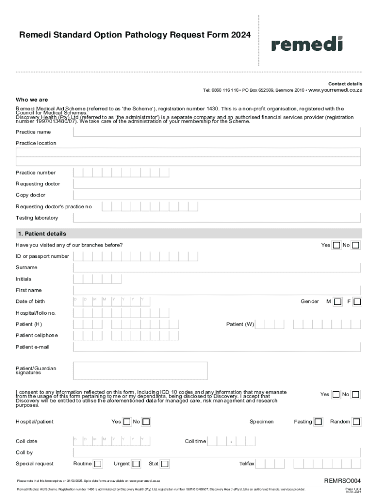 Fillable Online Remedi Standard Option Pathology Request Form 2024 Fax ...