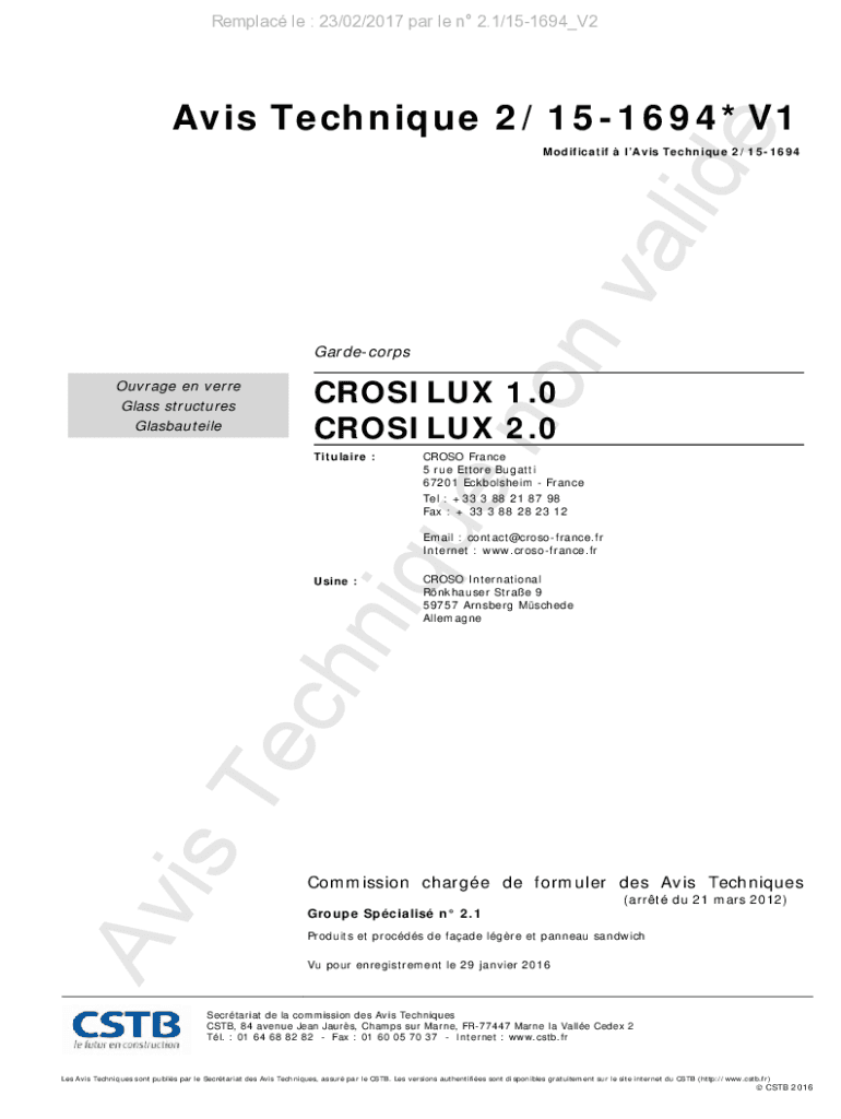 Remplissable En Ligne Avis Technique 2/15-1694*V1 Fax Email Imprimer - pdfFiller