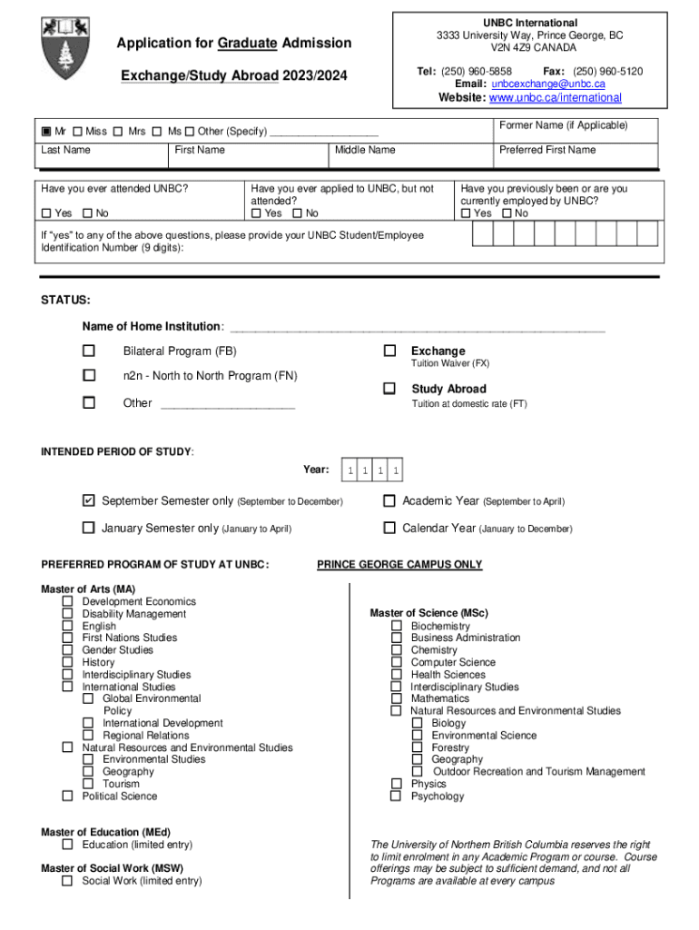 Fillable Online Application for Graduate Admission Exchange/Study ... Fax Email Print - pdfFiller