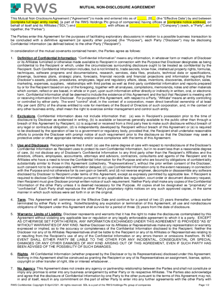 Fillable Online mutual confidentiality and non-disclosure agreement ...