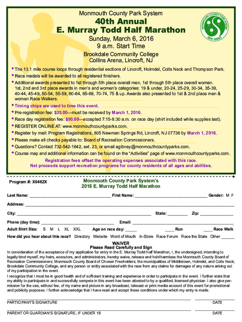 Fillable Online E. Murray Todd Half Marathon Runner's Info Sheet 2022 ...
