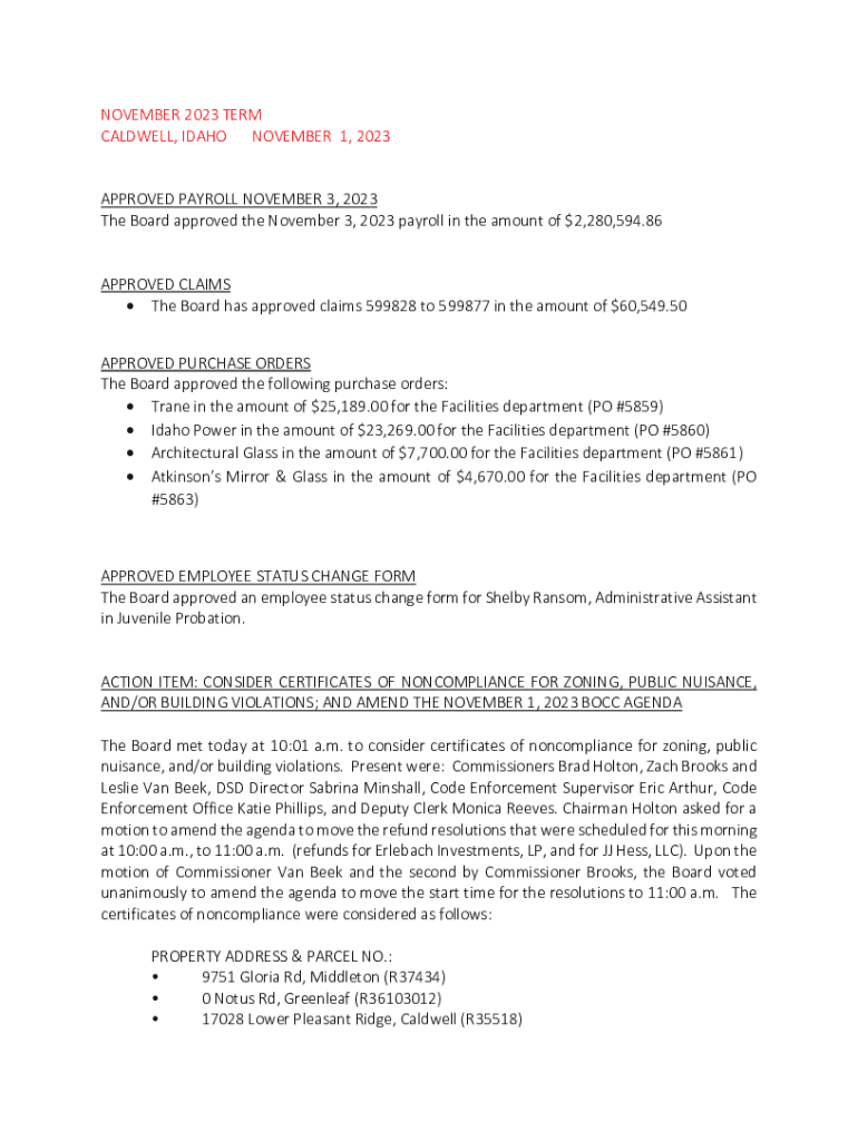 Fillable Online The Board approved the November 3, 2023 payroll in the ...