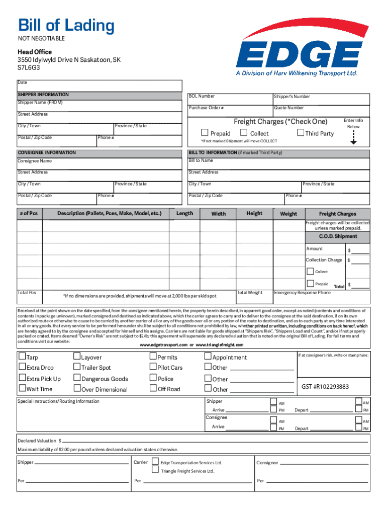 Fillable Online Date BILL OF LADING - SHORT FORM - NOT NEGOTIABLE Fax ...