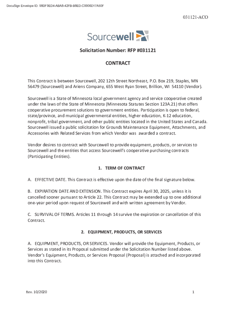 Fillable Online Solicitation Number: RFP #031121 CONTRACT - Sourcewell ...
