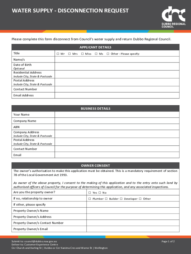 Fillable Online Disconnection of Water Service Request Form Fax Email ...