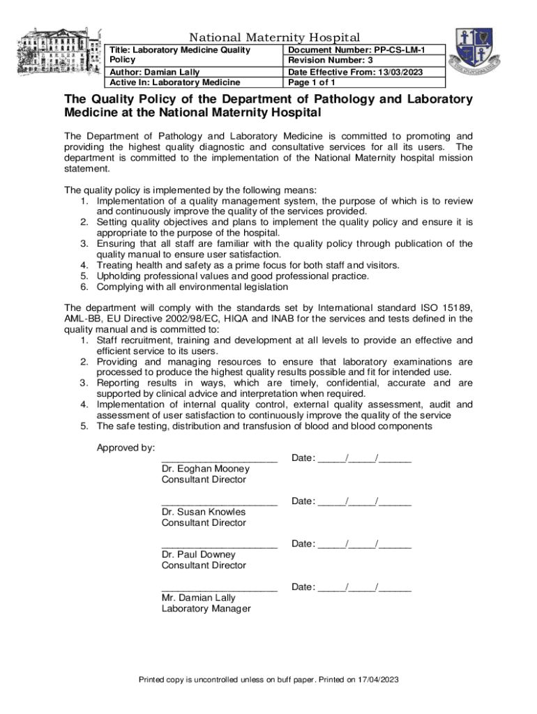 Fillable Online THE QUALITY POLICY OF THE BLOOD TRANSFUSION LABORATORY ...
