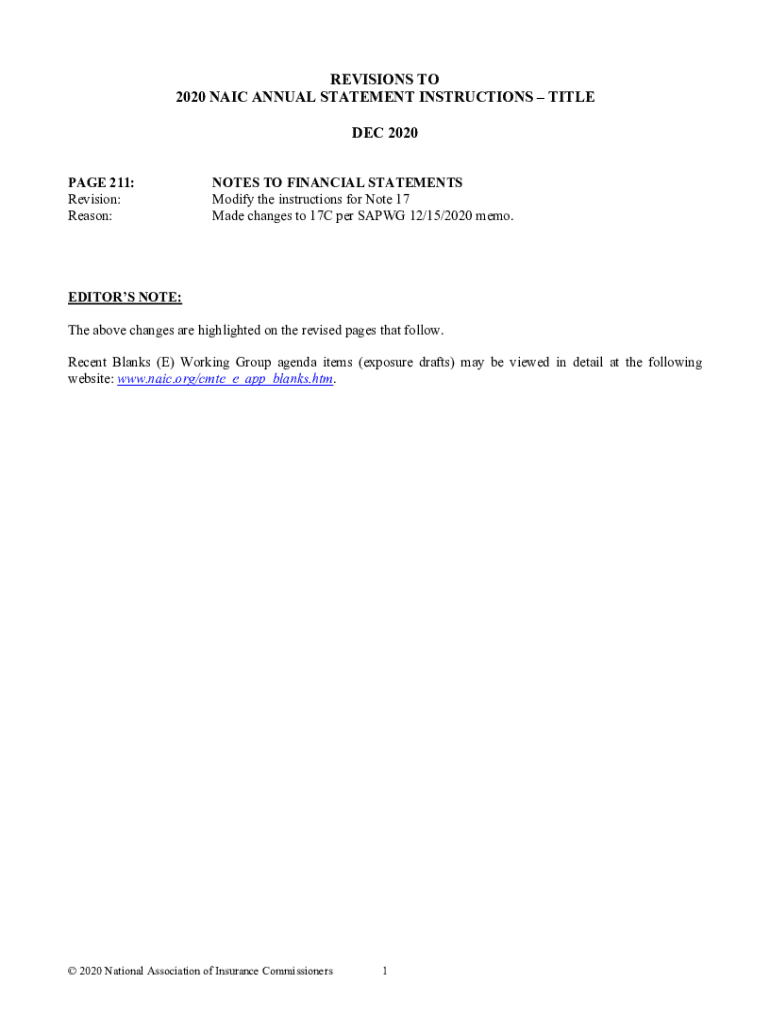 Fillable Online REVISIONS TO 2020 NAIC ANNUAL STATEMENT ... Fax Email ...