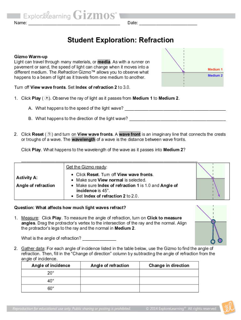 Fillable Online Refraction Lab - Gizmo.pdf - Name: Vy Date: Student ...