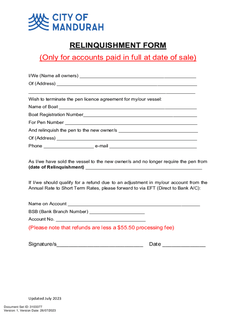 Fillable Online ECM3103377v1Marina - RELINQUISHMENT Advice Form. Marina ...