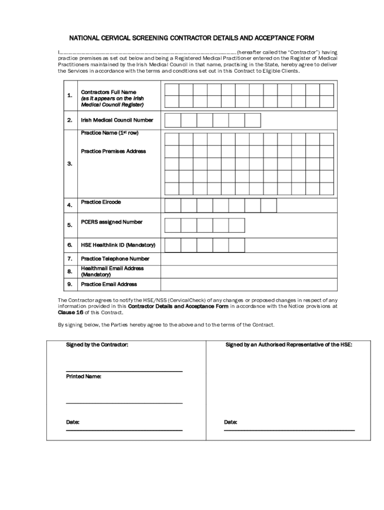 Fillable Online National Cervical Screening Contractor Details and ...