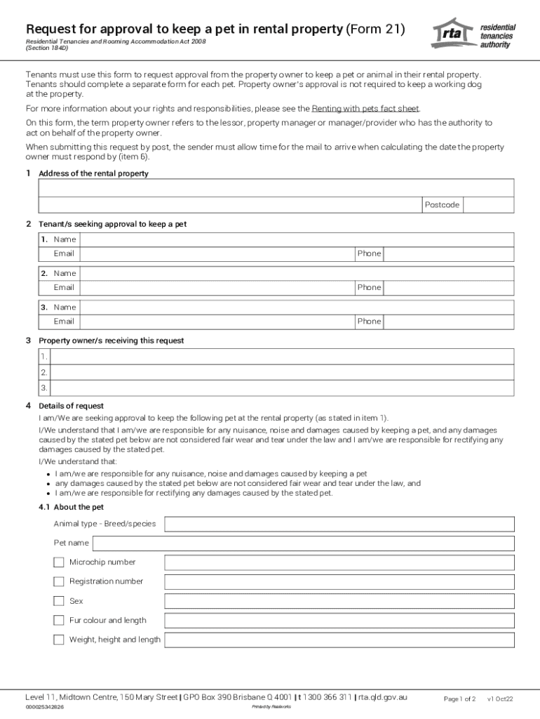 Fillable Online Request for approval to keep a pet in a rental property ...
