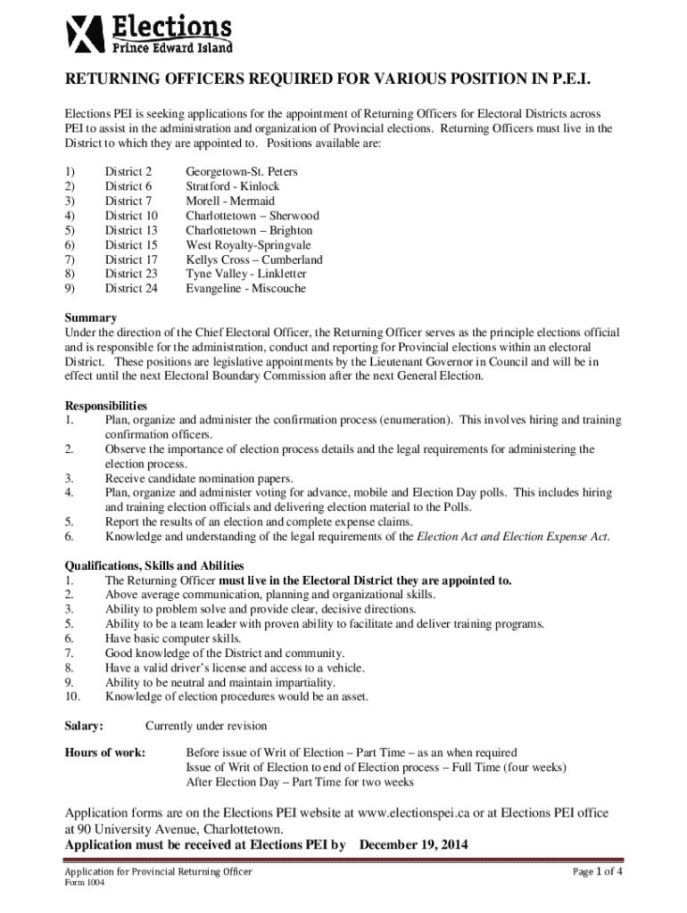 Fillable Online Elections PEI Returning Officer Employment Application ...