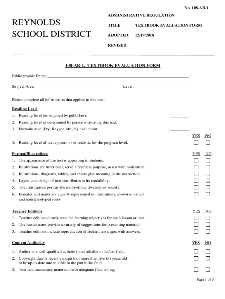 Fillable Online 108-AR-1 Texbook Evaluation Form - Reynolds School ...