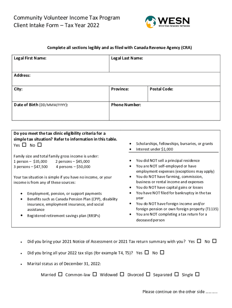 Fillable Online Community Volunteer Income Tax Program Client Intake ...