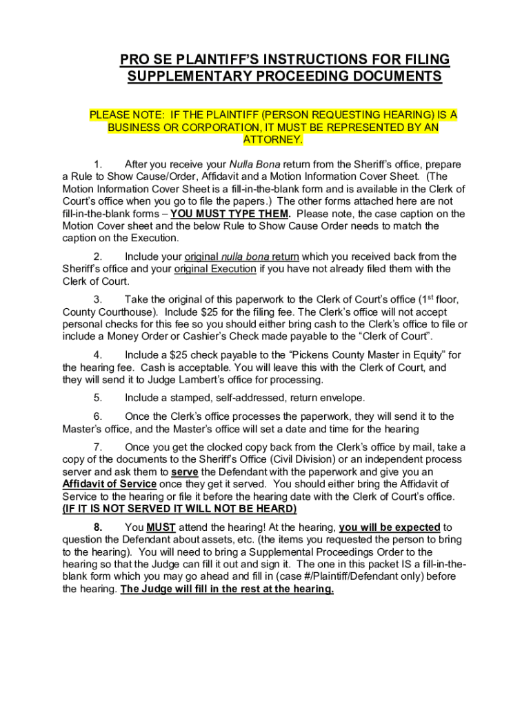 Fillable Online INSTRUCTIONS FOR FILING SUPPLEMENTARY PROCEEDING ...