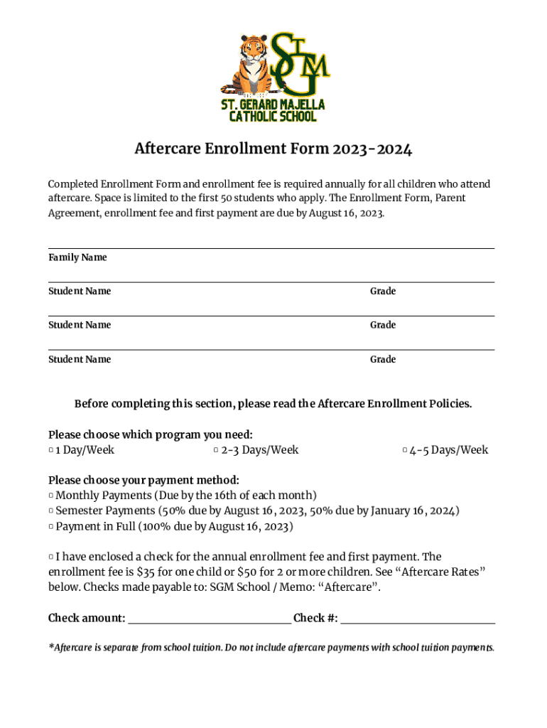 Fillable Online SGM Aftercare Enrollment Form 2023-2024 Fax Email Print ...