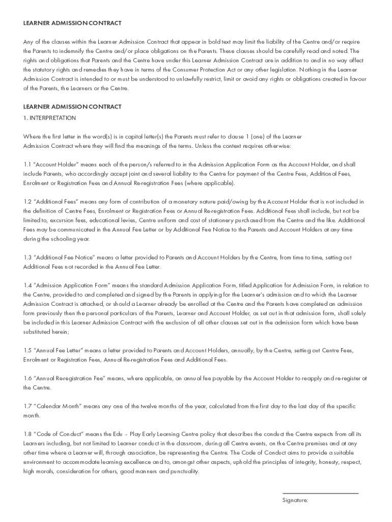 Fillable Online LEARNER ADMISSION CONTRACT Any of the clauses within the ... Fax Email Print ...