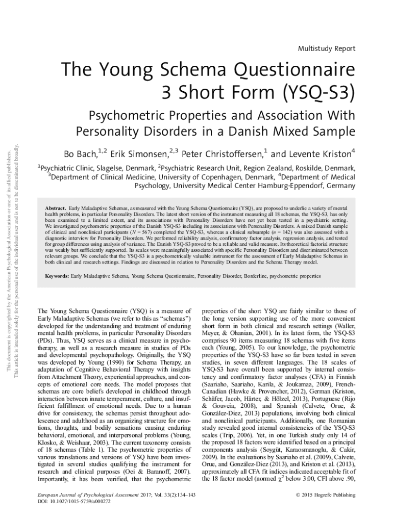 Fillable Online The Young Schema Questionnaire 3 Short Form (YSQ-S3) Fax Email Print - pdfFiller