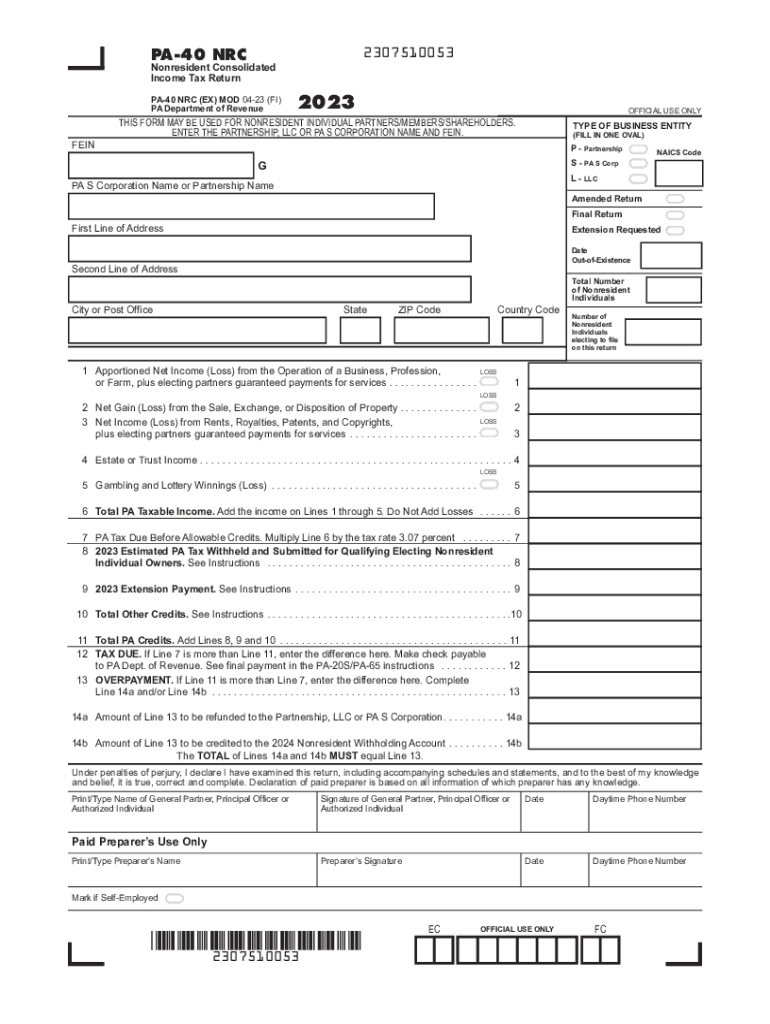 Fillable Online Form PA-40 NRC Nonresident Consolidated Income Tax ...