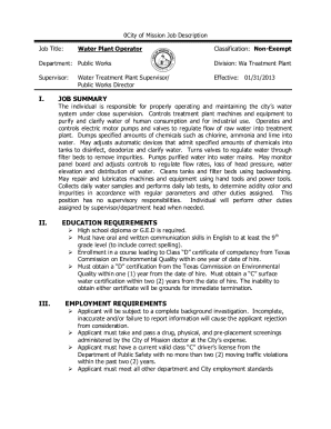 Fillable Online JOB DESCRIPTION FOR A WATER PLANT OPERATOR- ... Fax ...