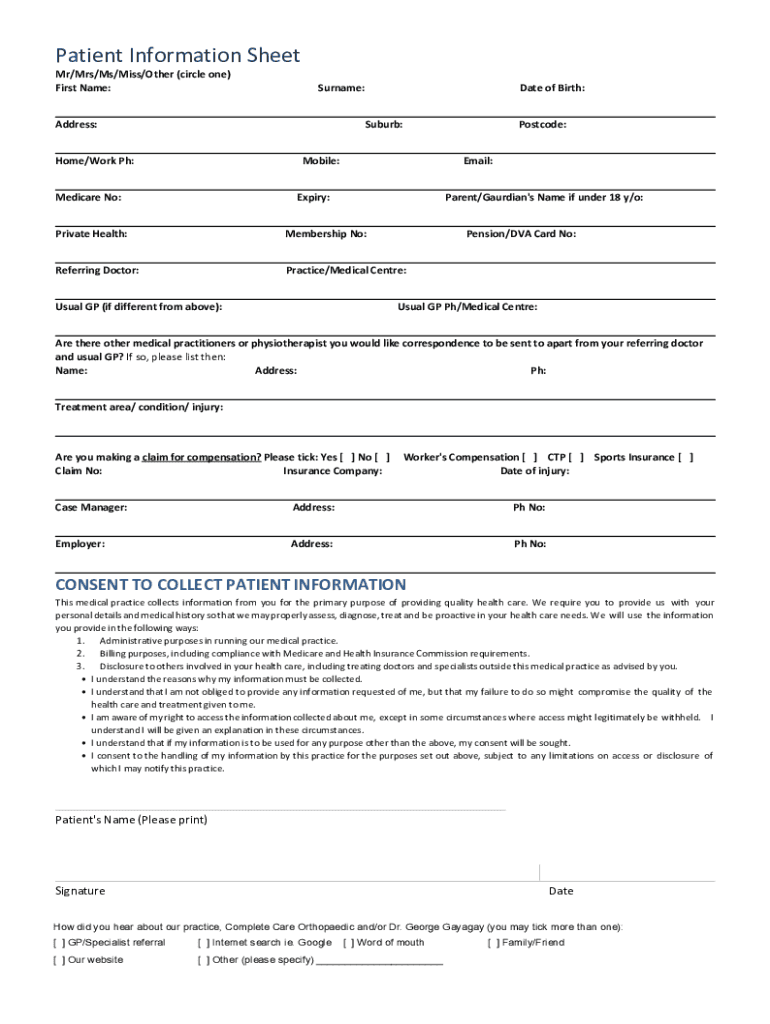 Fillable Online NEW PATIENT INFORMATION SHEET. All fees are requested ...