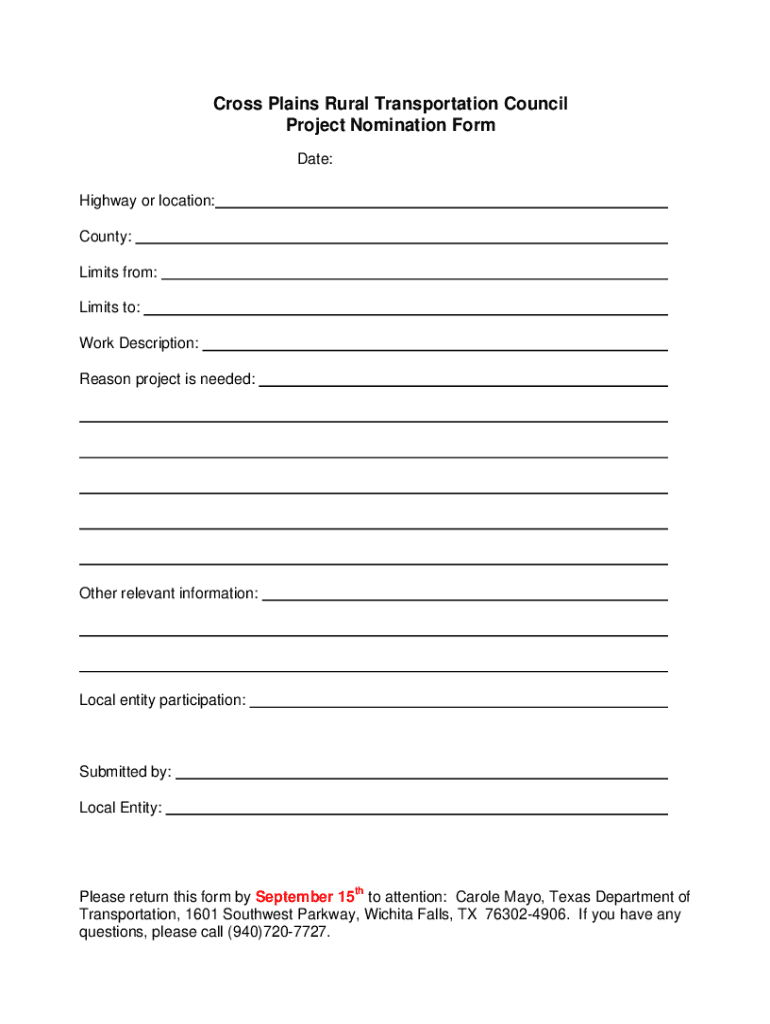 Fillable Online ftp dot state tx Project Nomination Form. Cross Plains ...