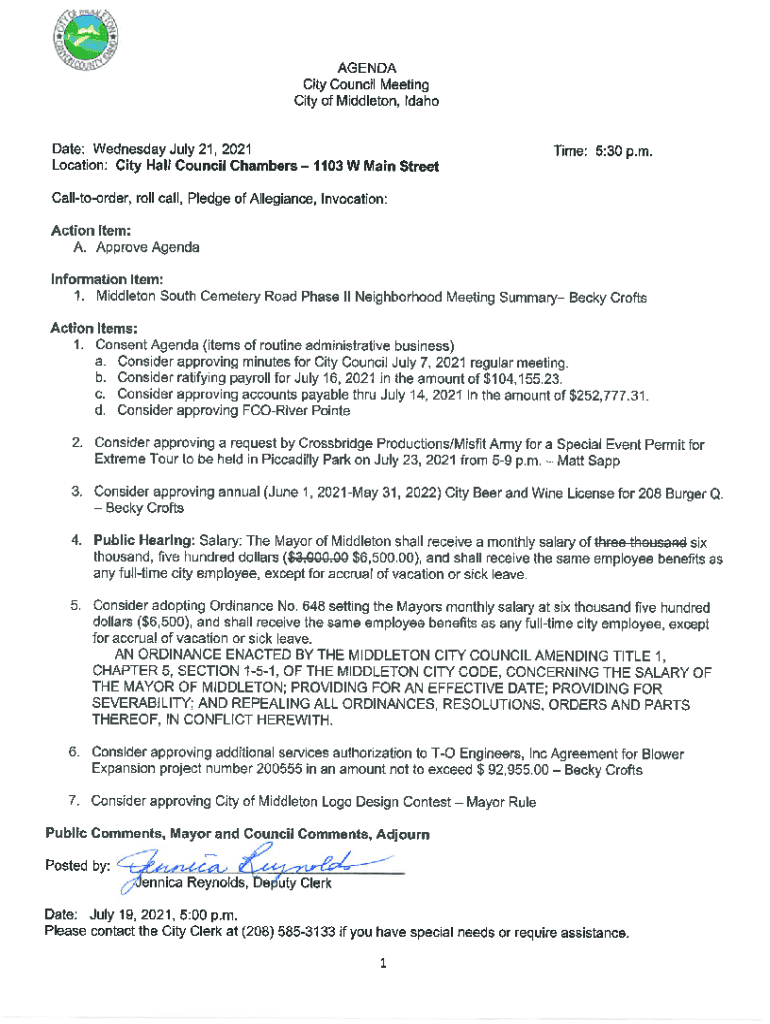 Fillable Online Roll Call: Mayor Rule, Council President Kiser, Council Members Huggins, Garner ...