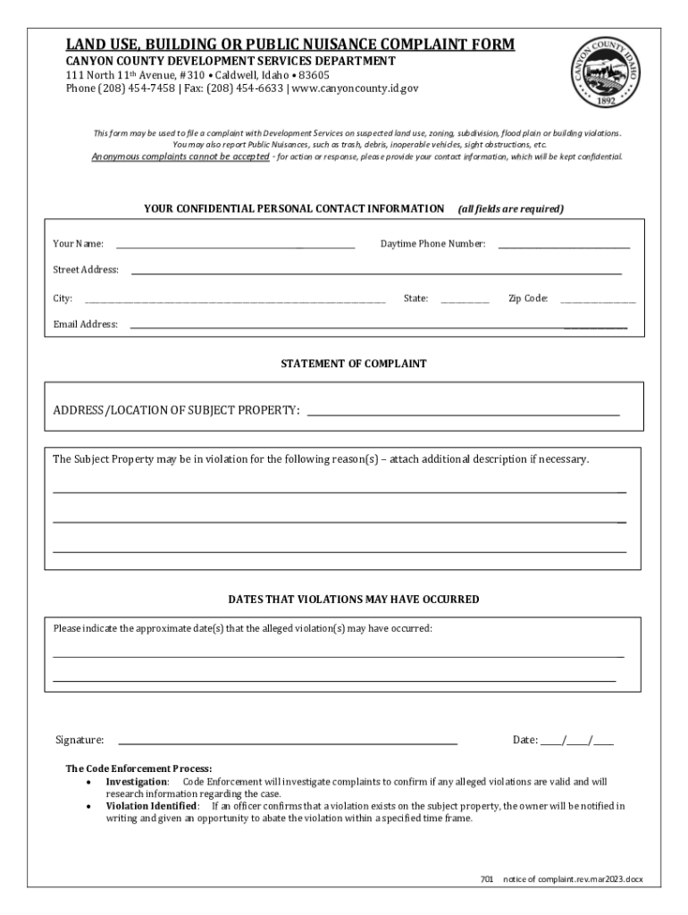 Fillable Online land use, building or public nuisance complaint form ...