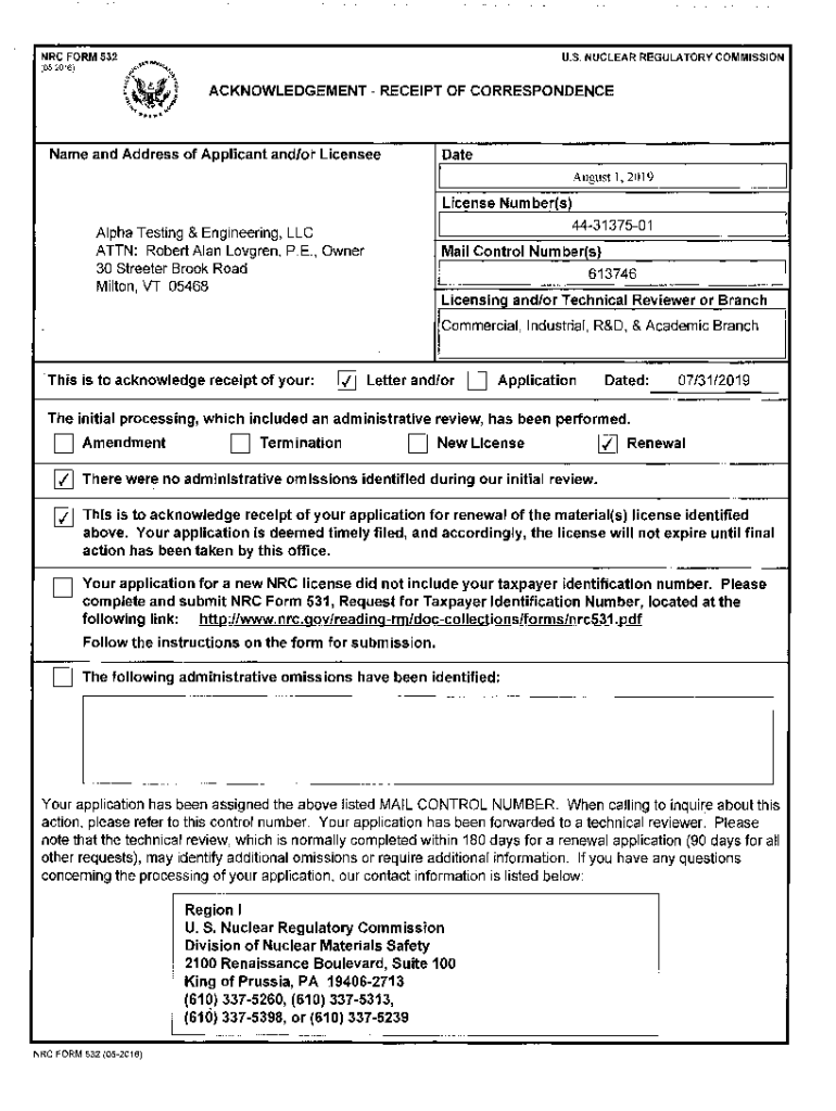 Fillable Online Alpha Testing & Engineering, LLC; NRC Form 532 ...