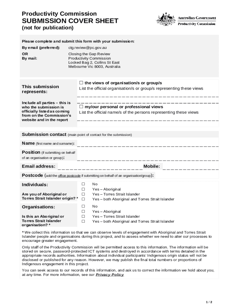 Productivity Commission SUBMISSION COVER SHEET (not ... Doc Template | pdfFiller