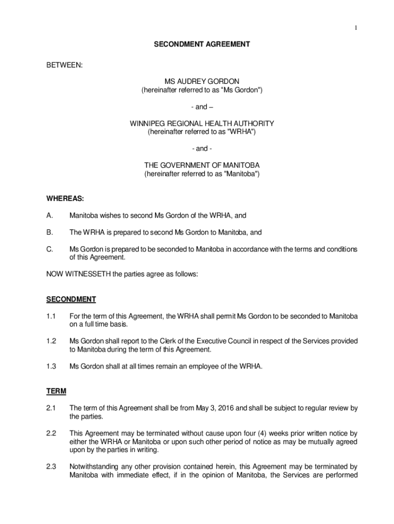 Fillable Online gov mb SECONDMENT AGREEMENT BETWEEN: MS AUDREY ... Fax Email Print - pdfFiller