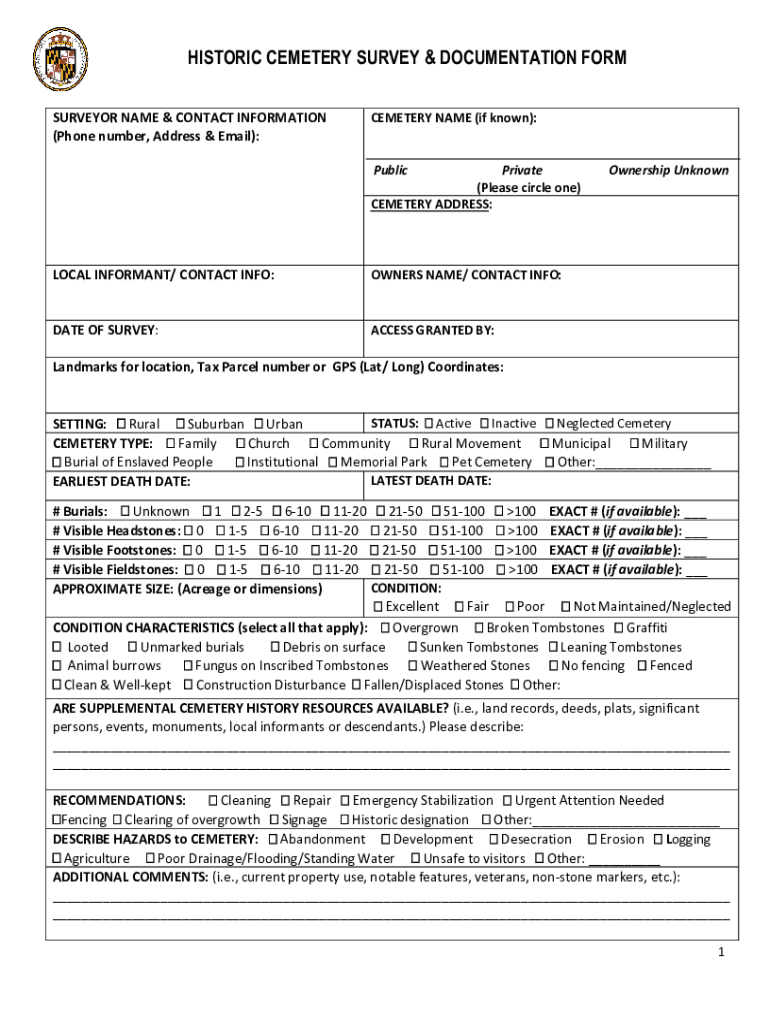 Fillable Online HISTORIC CEMETERY SURVEY & DOCUMENTATION FORM Fax Email ...