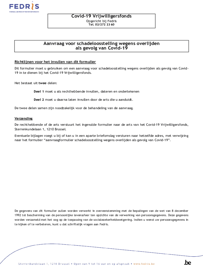 Invulbaar Online Aanvraag voor schadeloosstelling wegens overlijden als ...