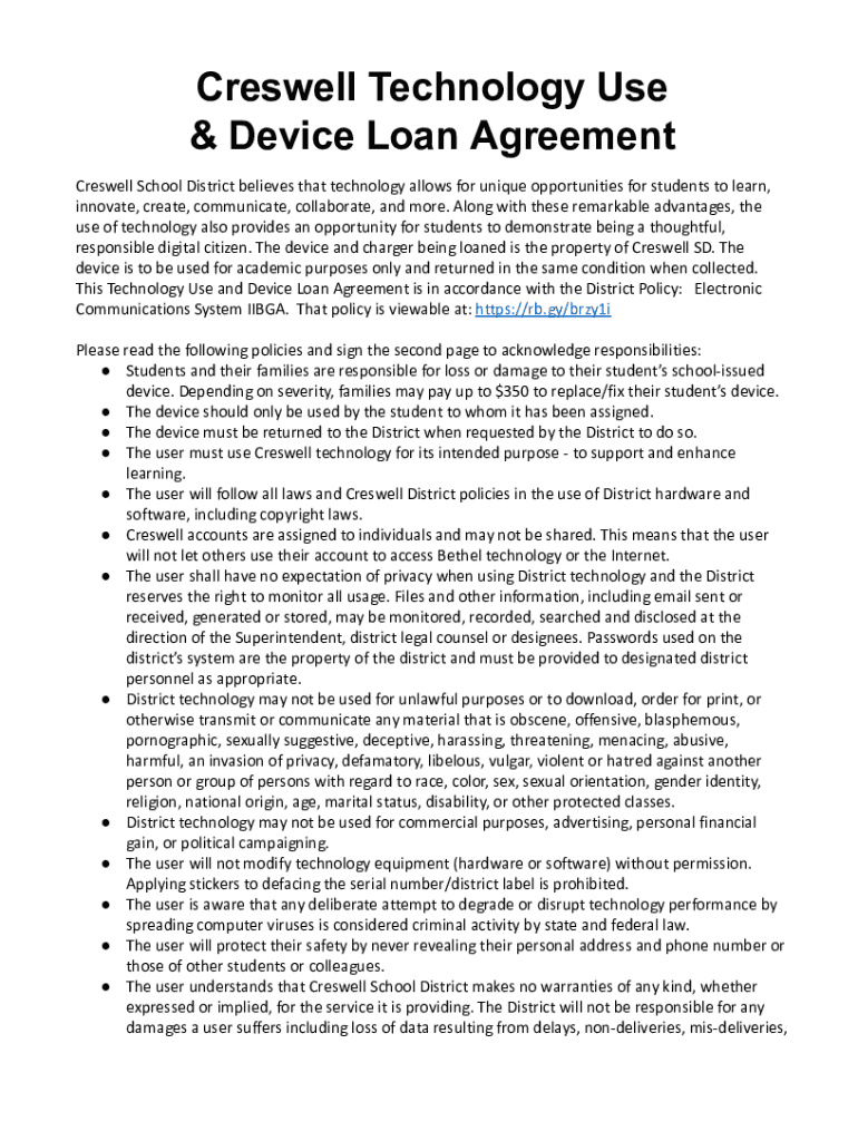 Fillable Online creswell k12 or Creswell Technology Use & Device Loan ...