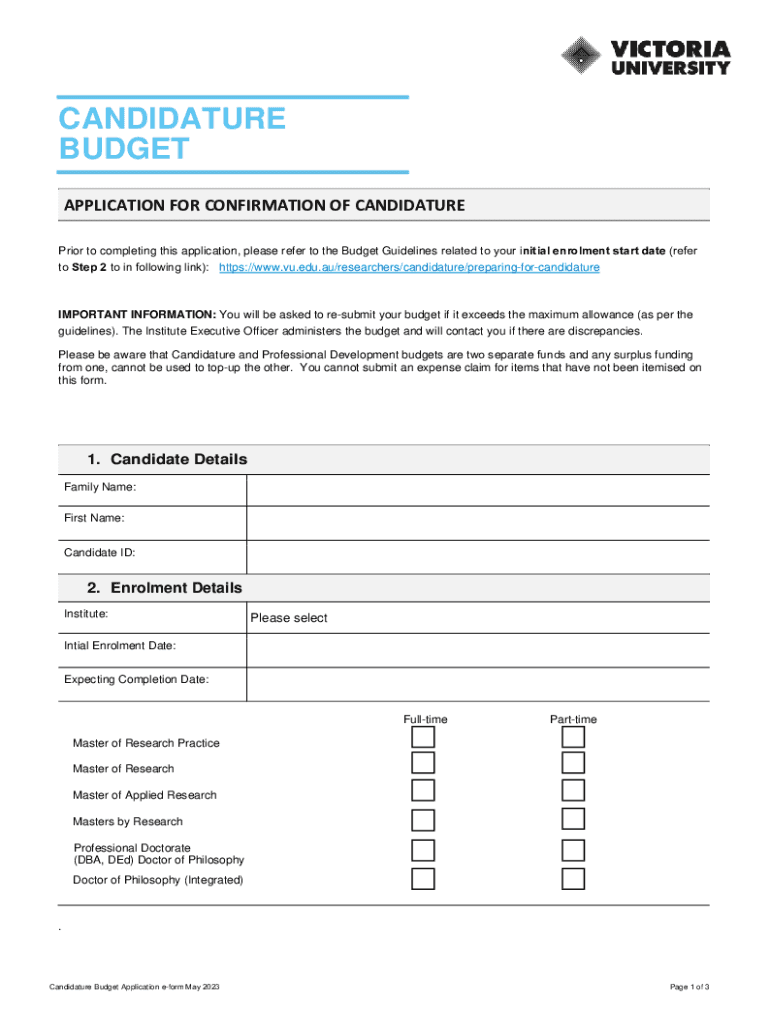 Fillable Online Candidature Budget Form. Confirmation of Candidature ...