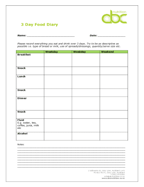 Fillable Online Nutrition 3-Day Food Record Directions: Example: Fax ...