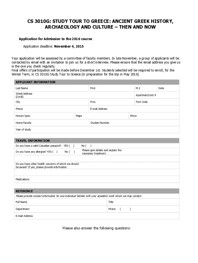 Fillable Online CS3010F/G Study Tour to Greece - Dept of Classical ...