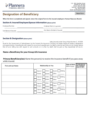 Fillable Online Group Life Designation of Beneficiary Form Fax Email ...