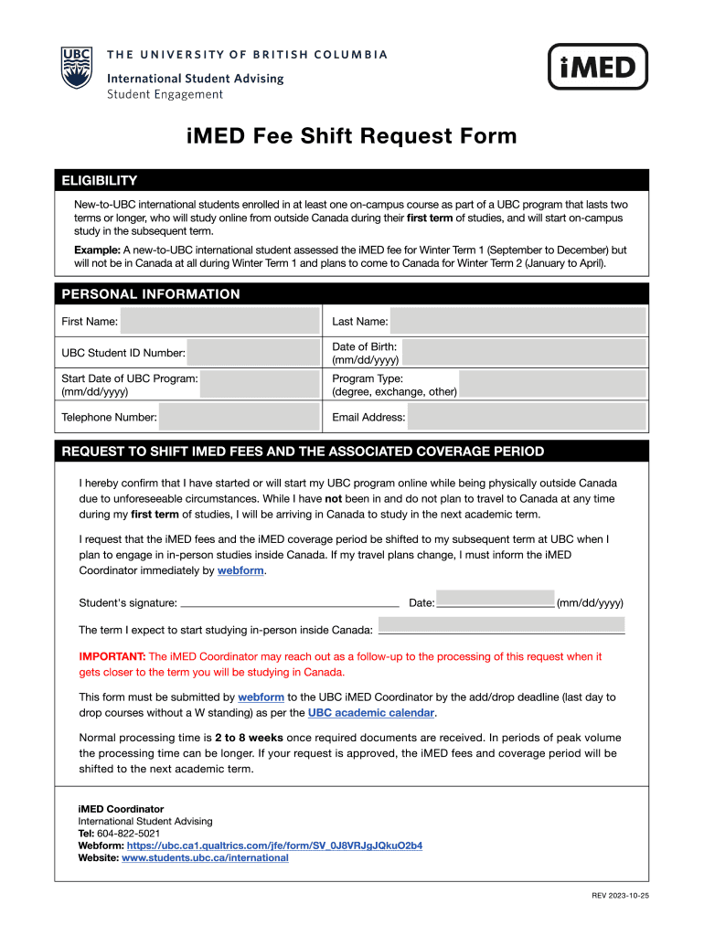 Fillable Online students ubc UBC iMED Fee Shift Request Form Fax Email ...