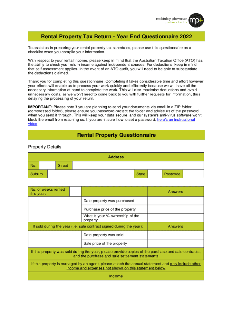 Fillable Online Rental Property Tax Return - Year End Questionnaire ...
