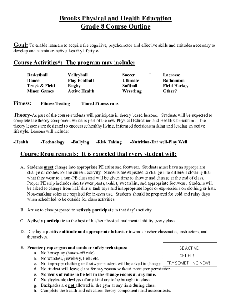 Fillable Online Brooks Physical and Health Education Grade 8 Course ...