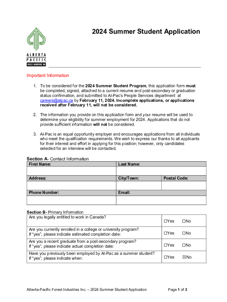 Fillable Online 2024 Summer Student Application Fax Email Print - pdfFiller